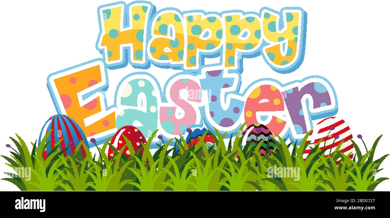 Happy Easter design with painted eggs in the garden illustration Stock ...