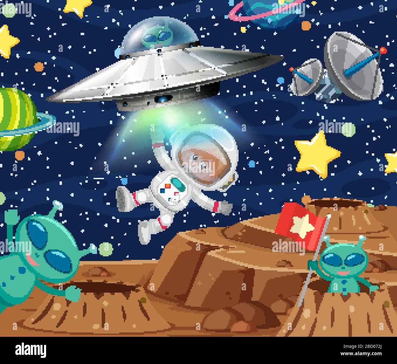 Background scene with astronaut and aliens in space illustration Stock ...