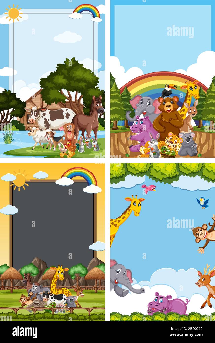Border template design with many wild animals in background ...