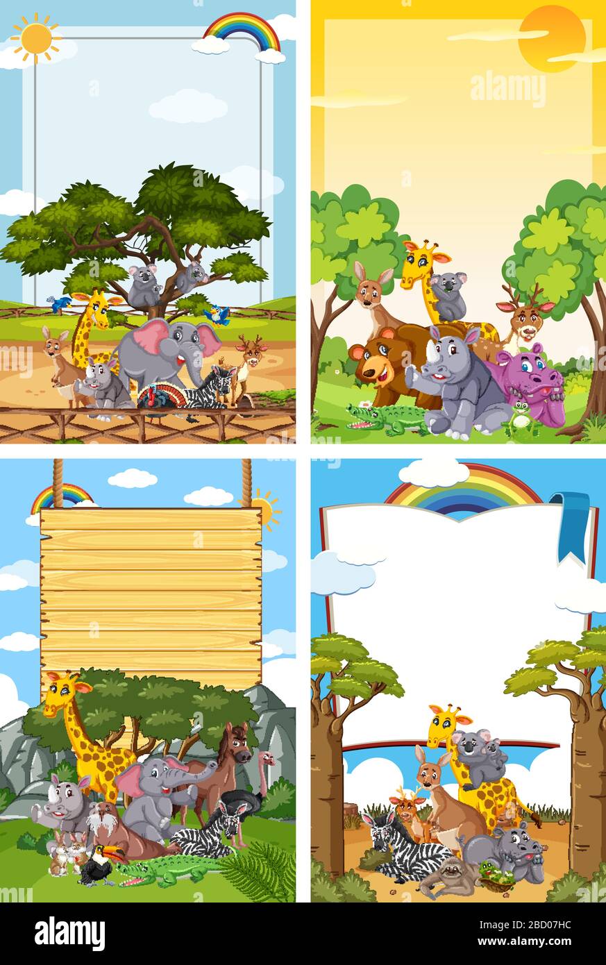 Border template design with many wild animals in background ...