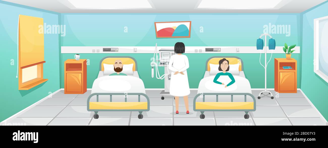 A hospital room with two beds, bedside tables and a ventilator. The doctor came to the patients ...
