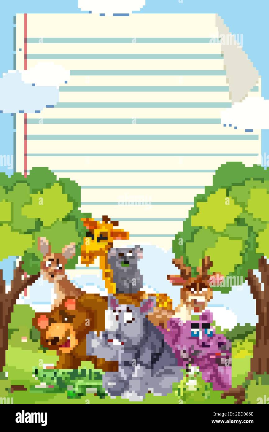 Border template design with many wild animals in background ...