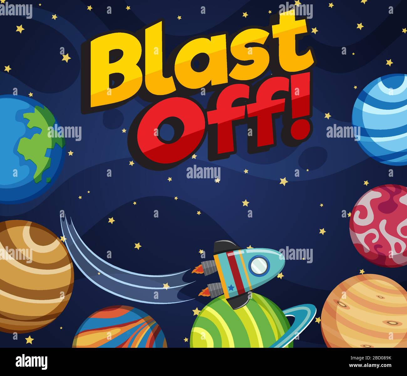 Poster design with word blast off and many planets in the space ...