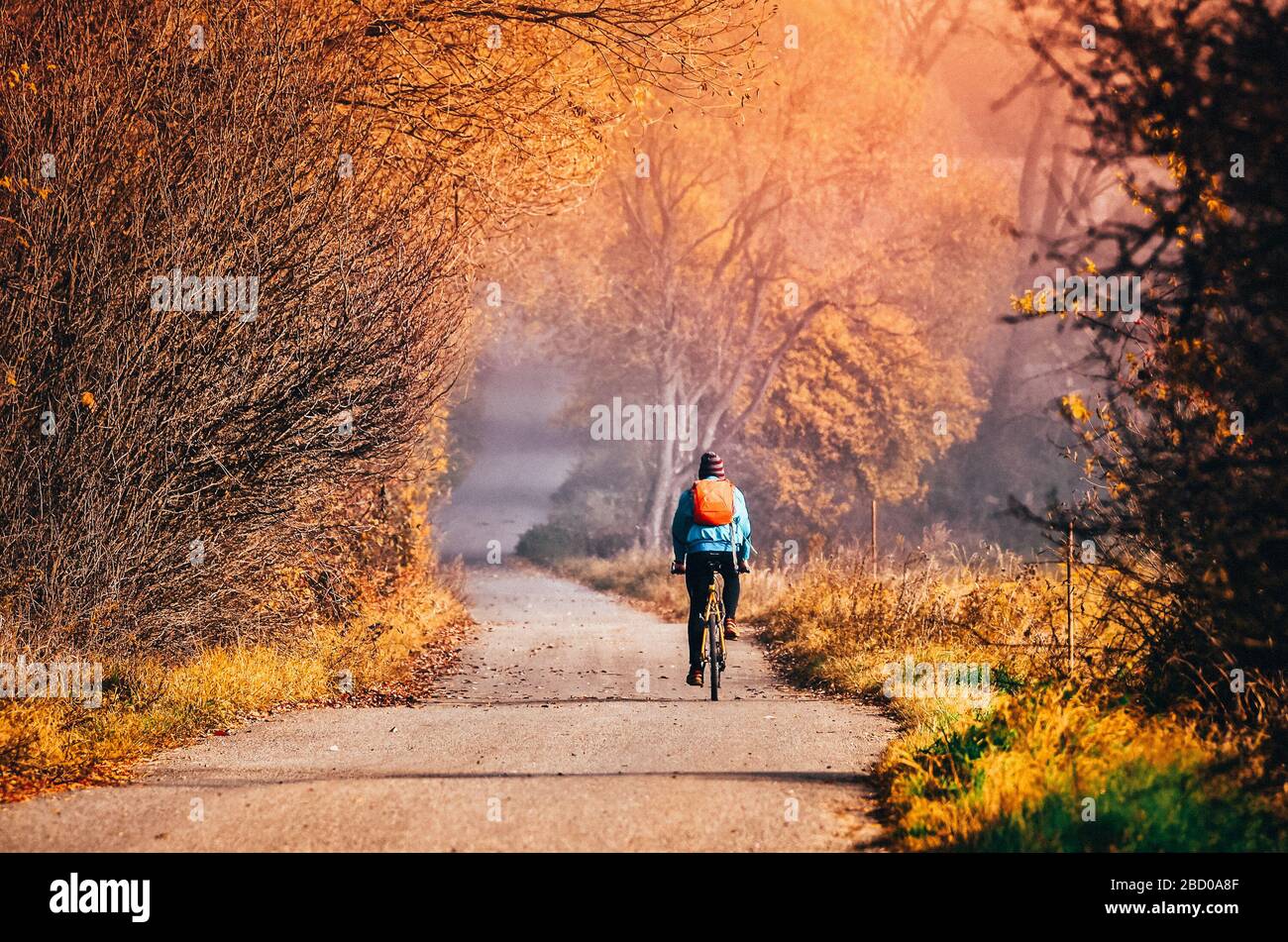 biker ride in autumn nature - colorful sport wallpaper with space for ...
