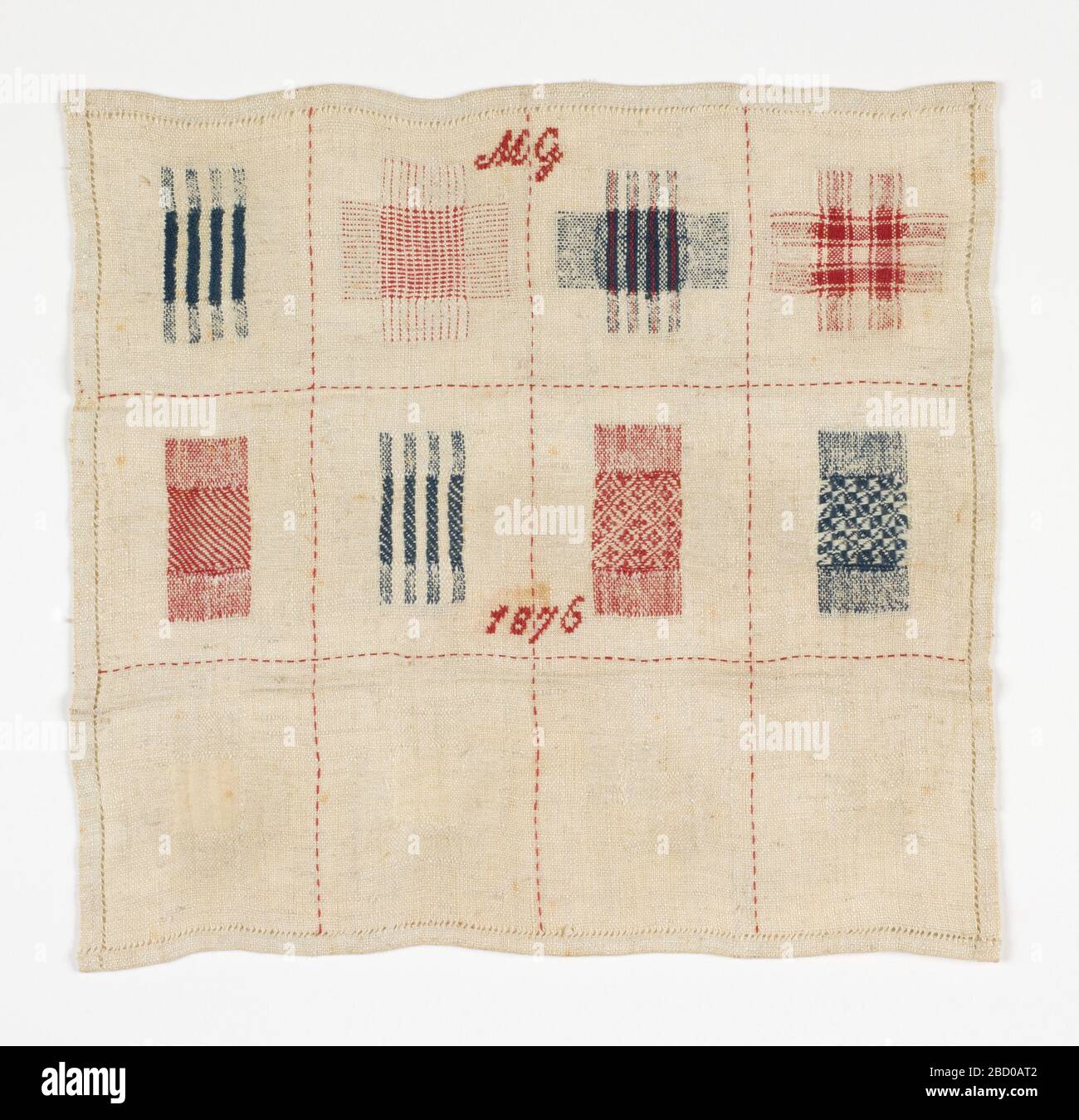Darning sampler. Research in ProgressTwelve squares of pattern darning in red, white, and blue ...