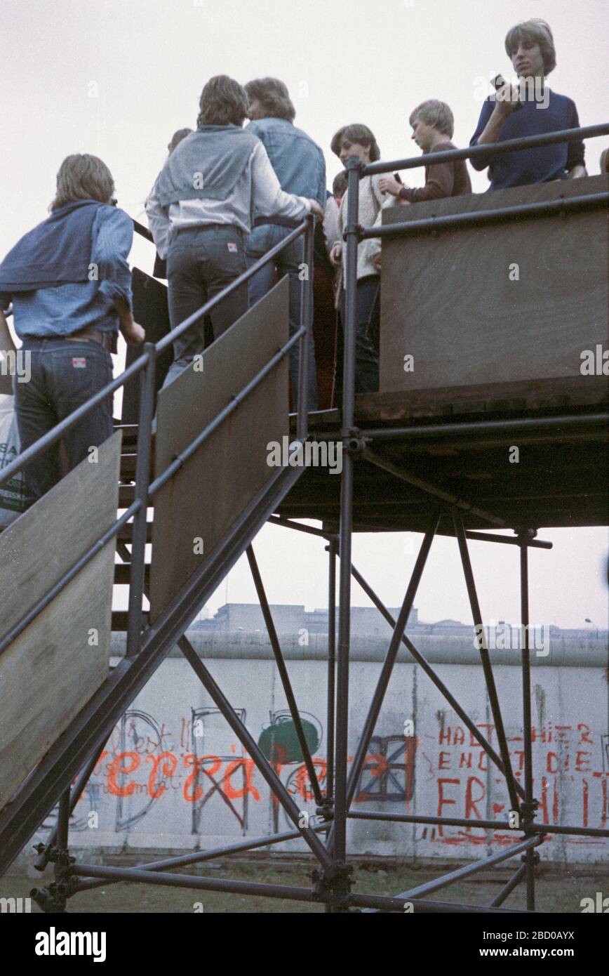 lookout at Berlin Wall near Potsdamer Platz, October 1980, West Berlin ...
