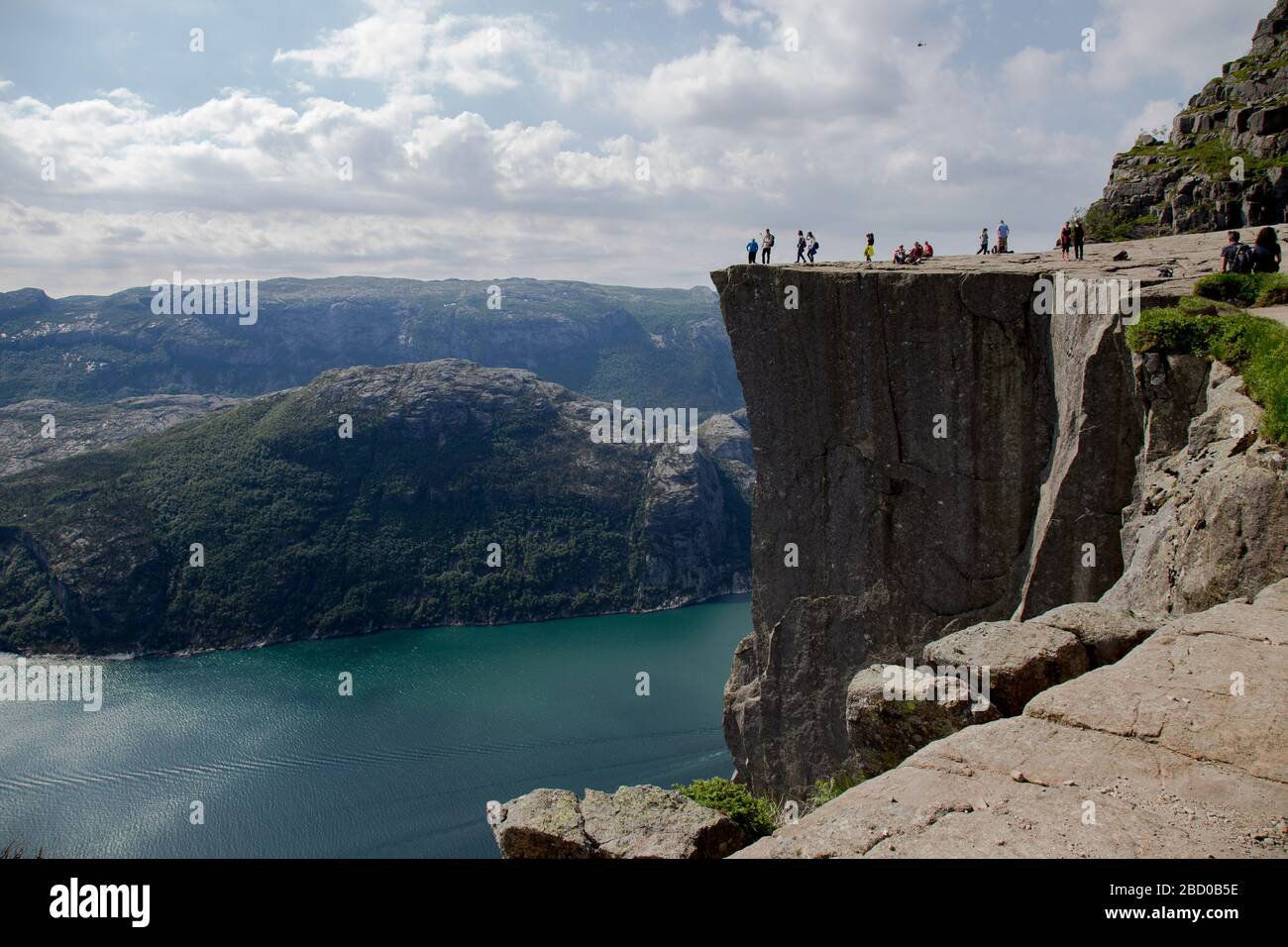 Pulpit rock in Norway, cliff overlooking summer fjord below Stock Photo ...