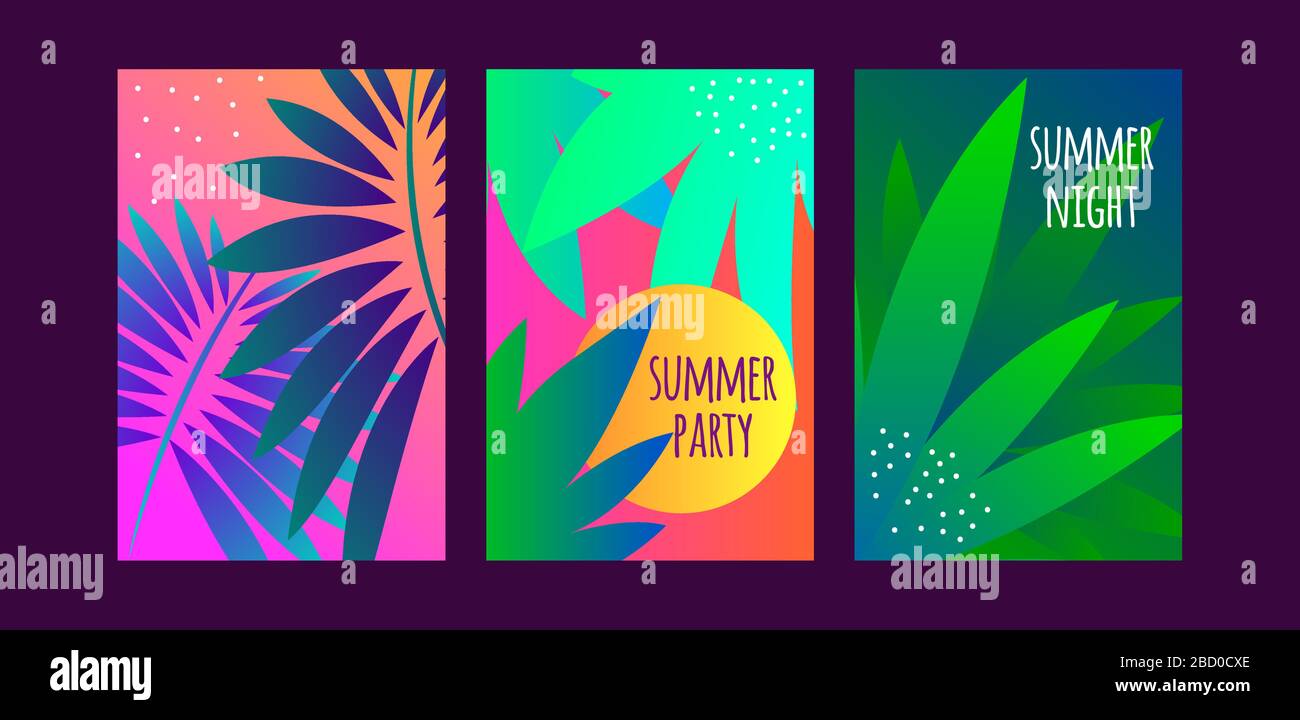 Set of summer posters with tropical leaves, summer bright flat ...