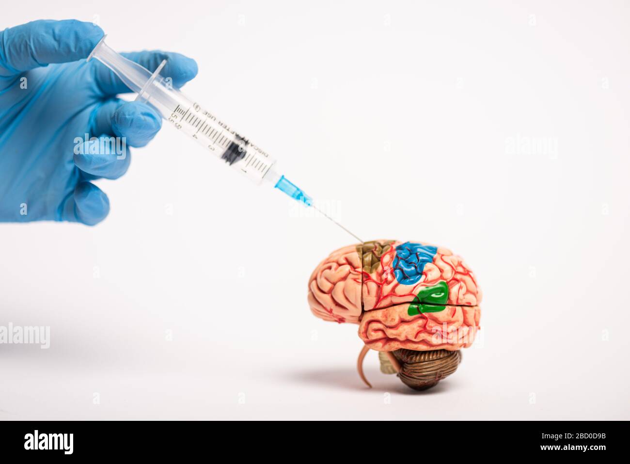 Cropped view of doctor holding syringe near brain model on white ...