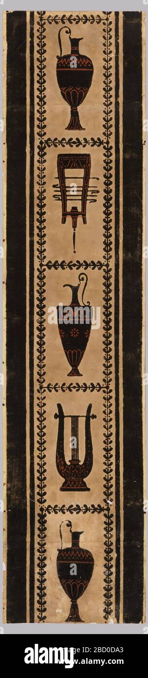 Border. Vertical design, in black flock with red on terra cotta field ...