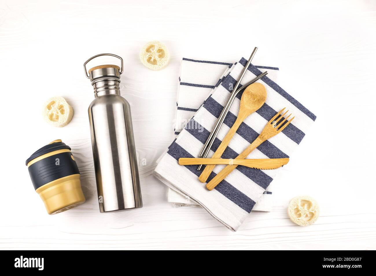 Eco set with bamboo cutlery, reusable coffee mug and water bottle with ...