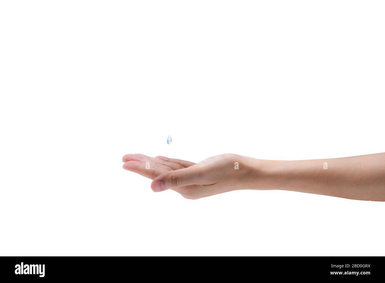 Hand with blue drop of alcohol gel isolated on white background. Hand ...