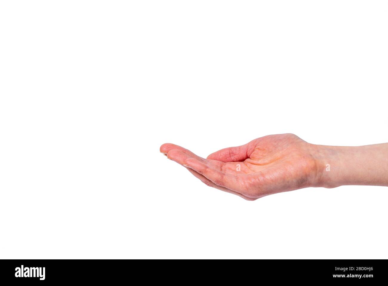 Woman holds one hand out on a white background from the side Stock ...