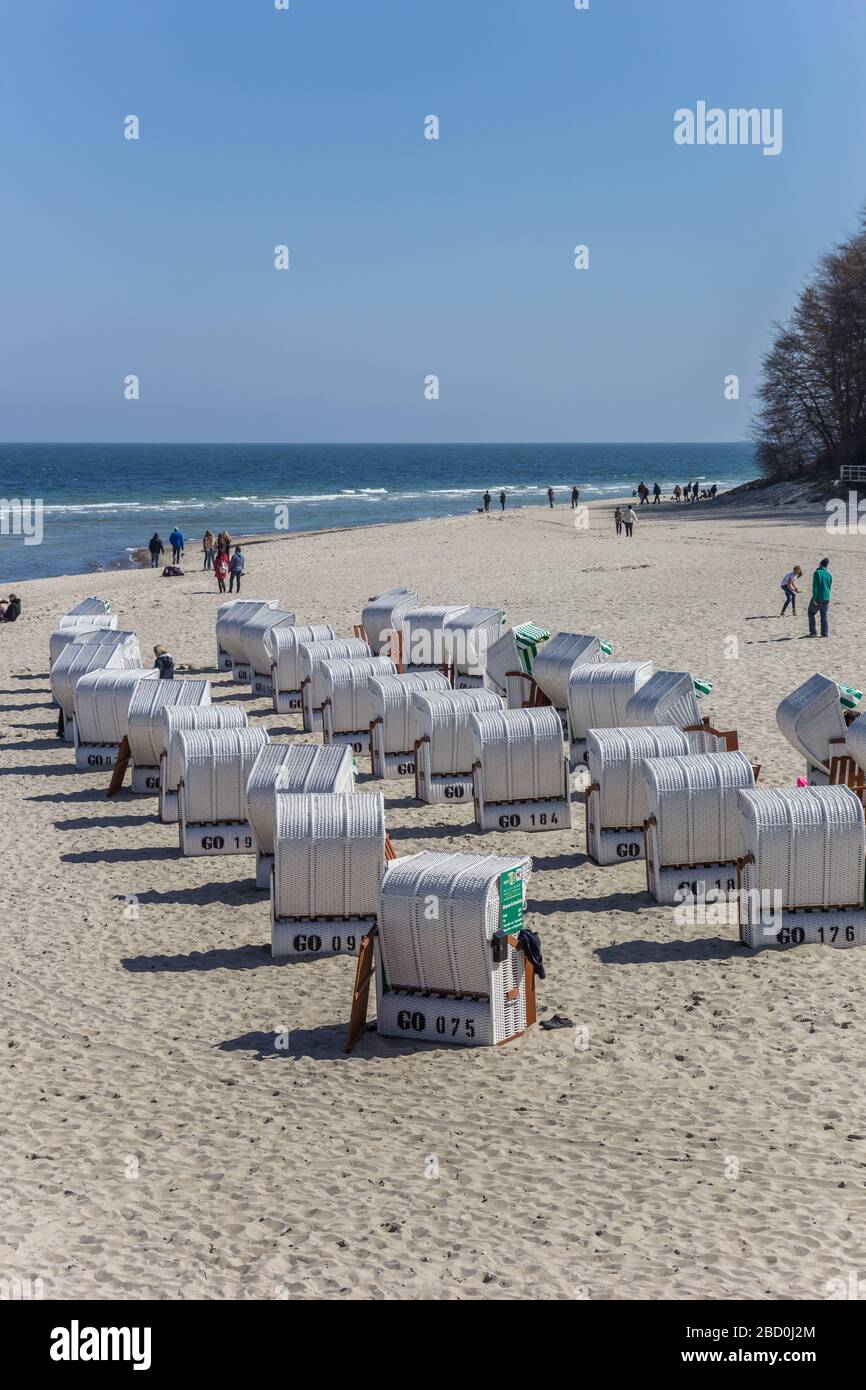 Traditional Strandkorbe chairs on the beach of Sellin on Rugen island ...
