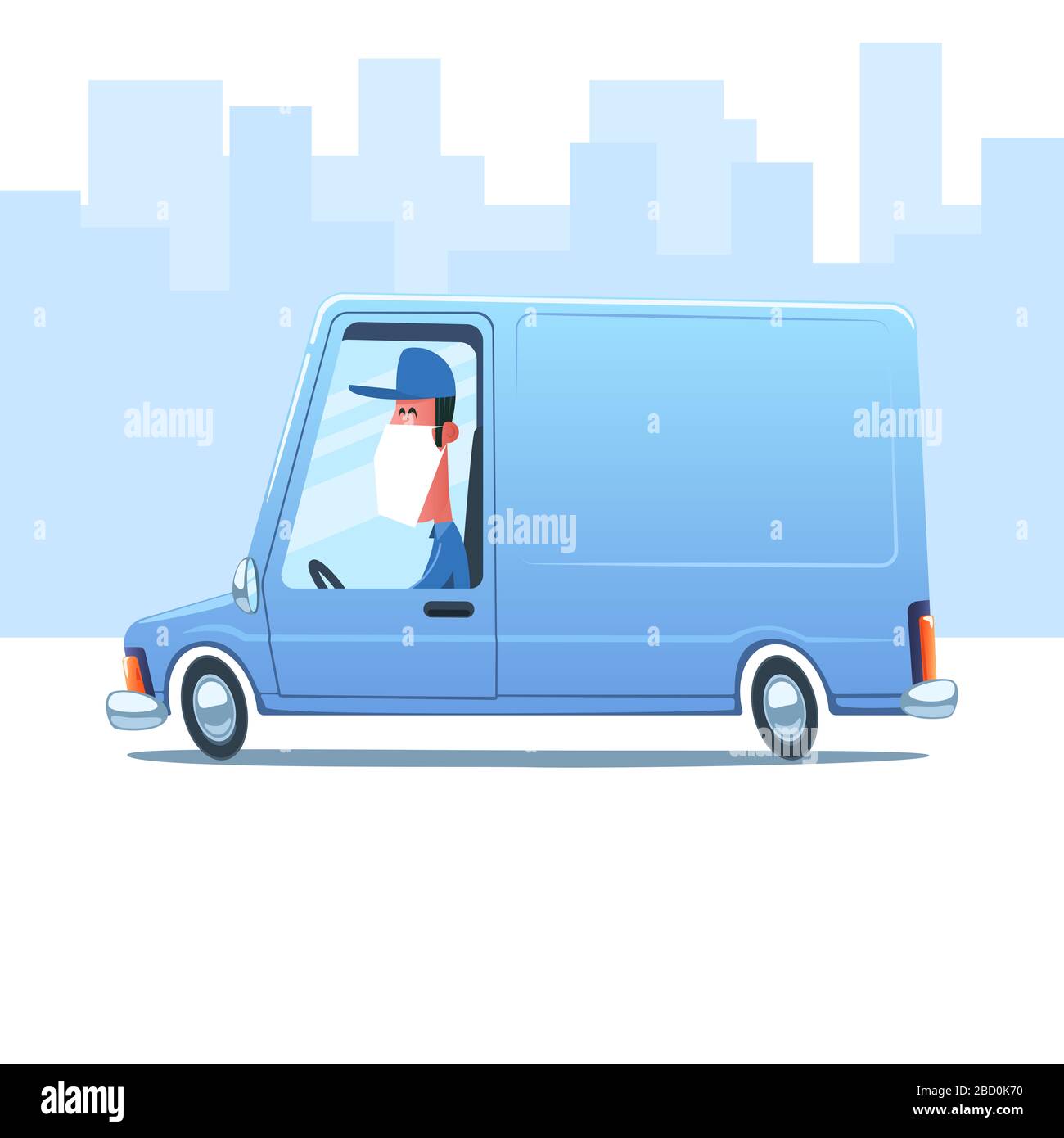 Contactless secure delivery service. Man wearing medical mask driving a ...