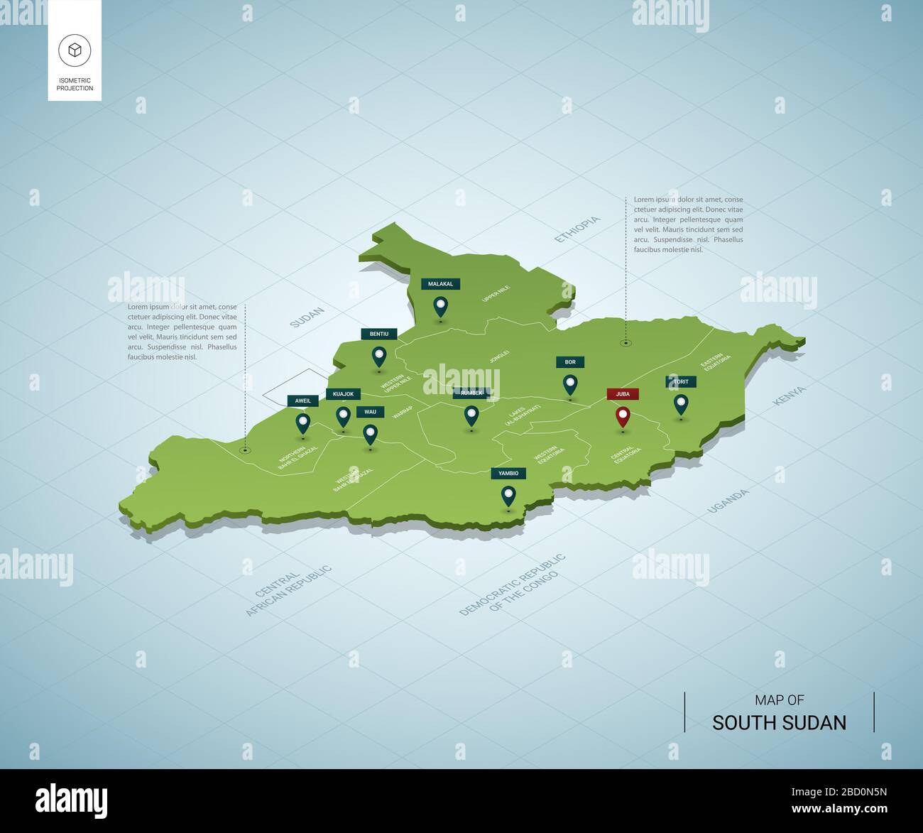 Stylized map of South Sudan. Isometric 3D green map with cities ...