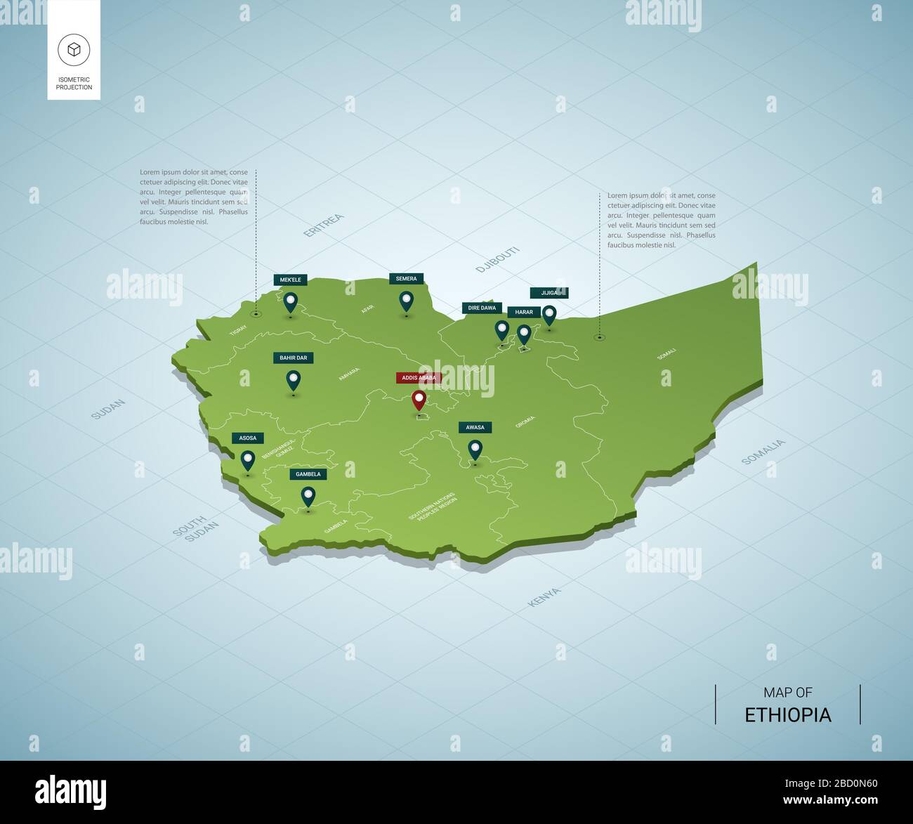 Stylized map of Ethiopia. Isometric 3D green map with cities, borders ...