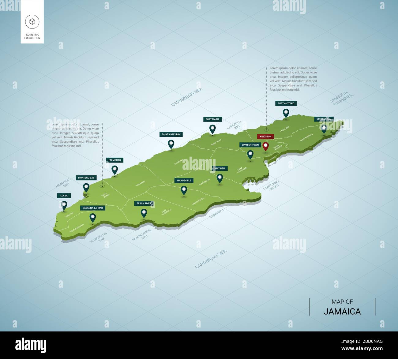 Stylized map of Jamaica. Isometric 3D green map with cities, borders ...