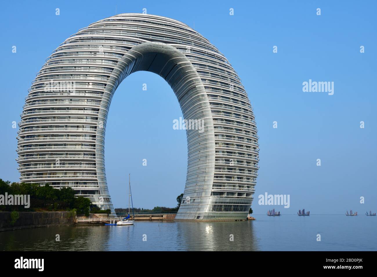 Huzhou, China, October 2019; View on the iconic horseshoe shaped hotel ...