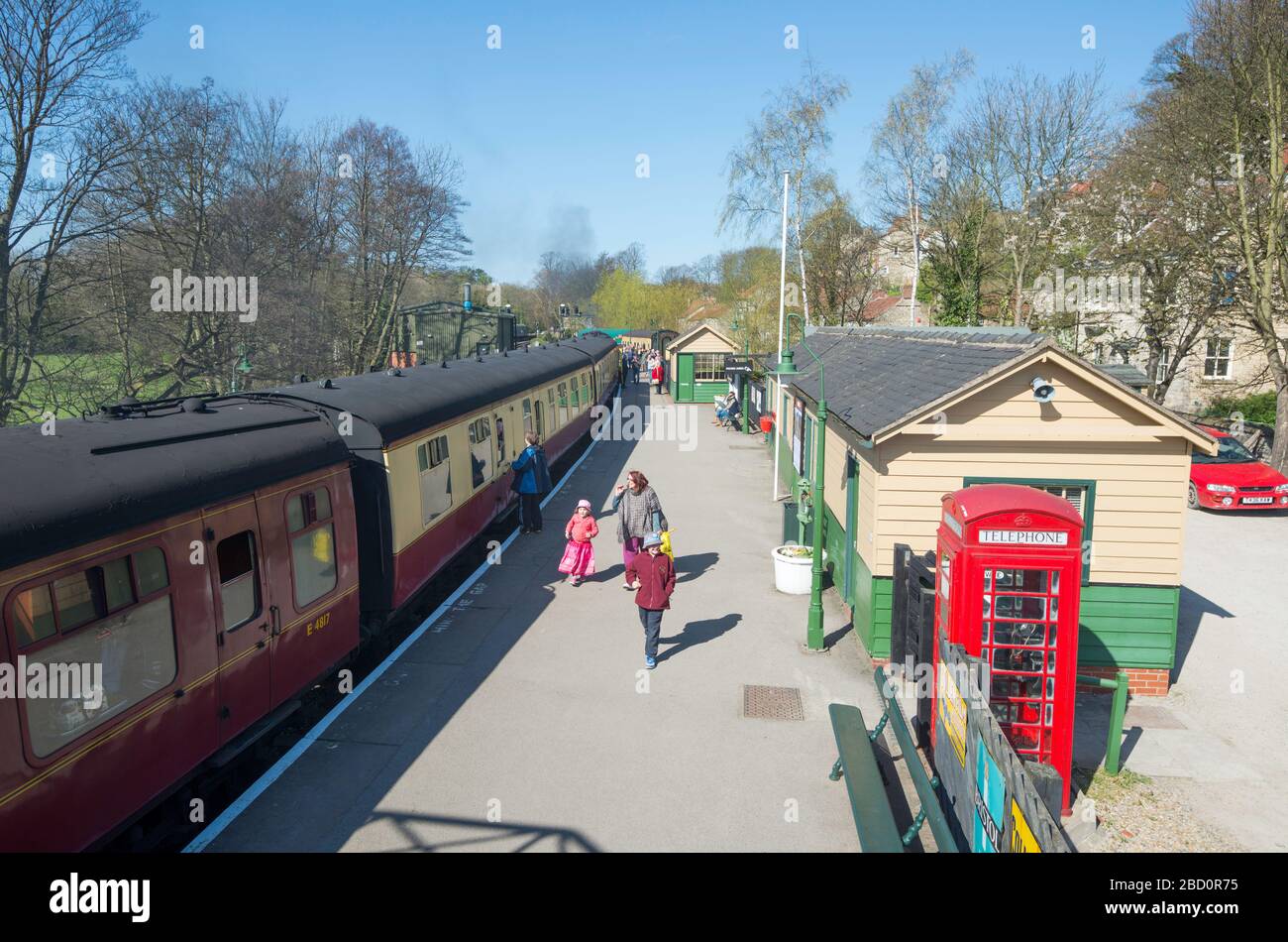 A steam train standing at Pickering Station on the North York Moors ...