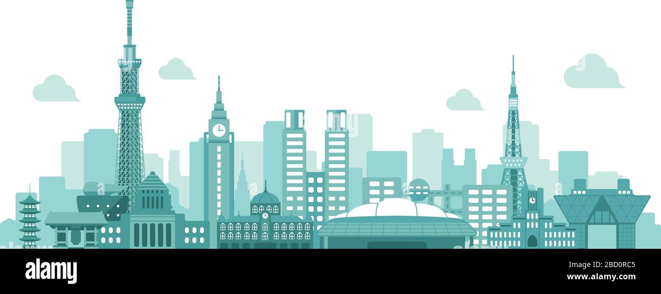 Tokyo skyline flat vector illustration. Tokyo landmark buildings Stock ...