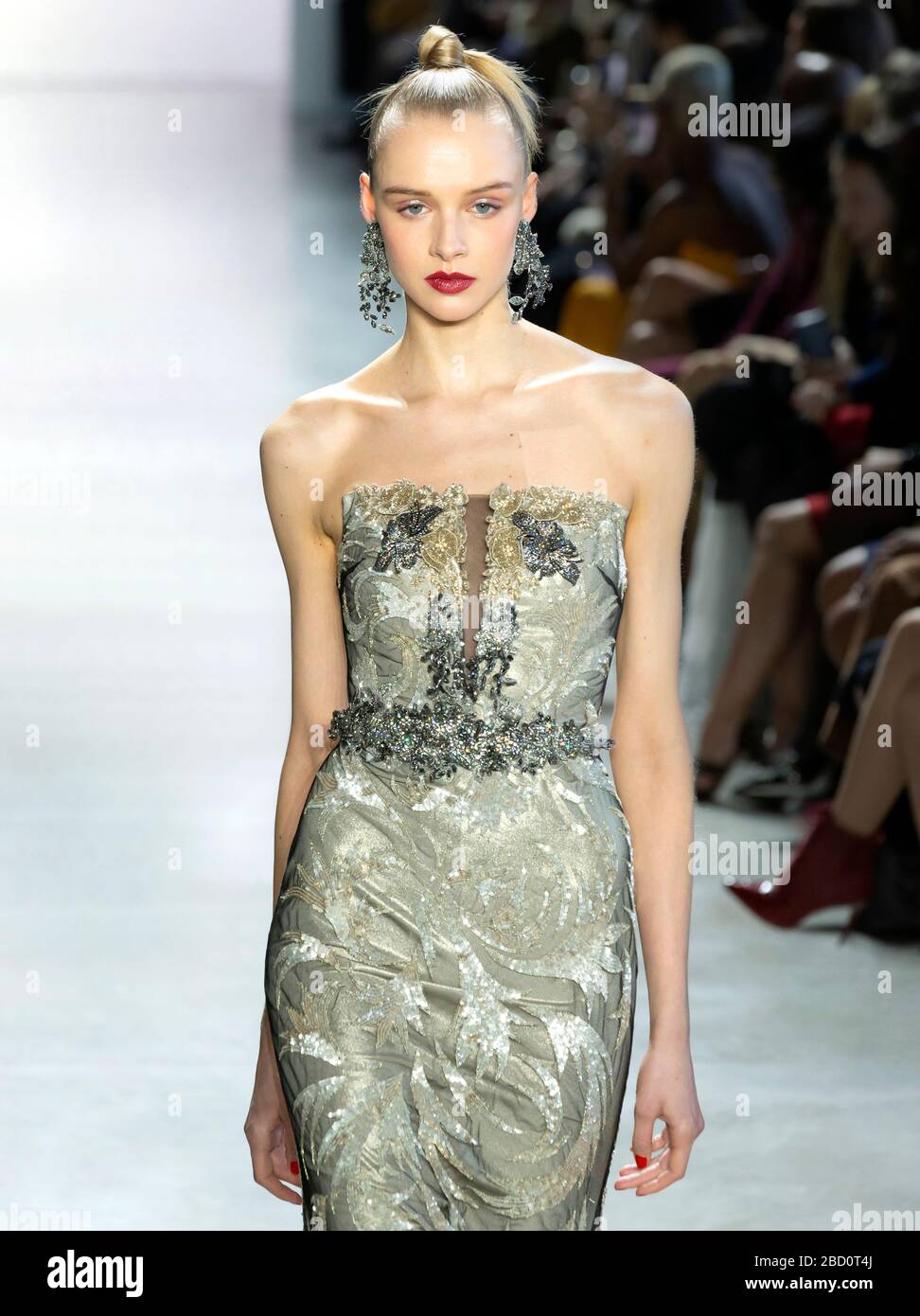 New York, New York - Feb. 08, 2020: Nina Dapper walks the runway at Badgley Mischka Fall Winter ...