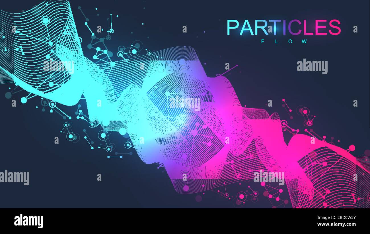 Abstract scientific background with dynamic particles, wave flow. 3D data visualization with ...