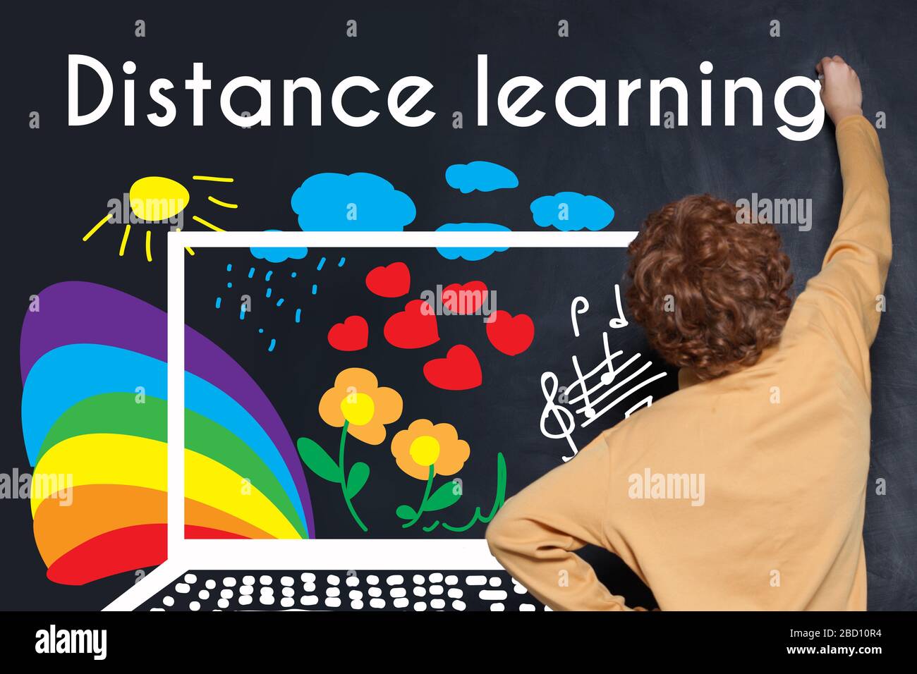 Distance learning background with school boy and colorful sketches ...