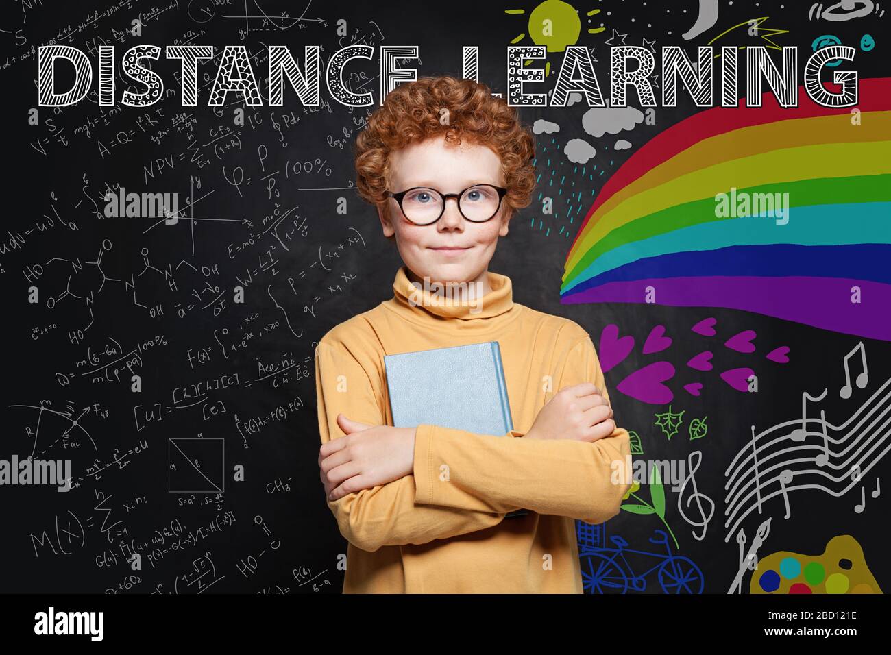 Distance education concept with happy smart student kid on blackboard ...