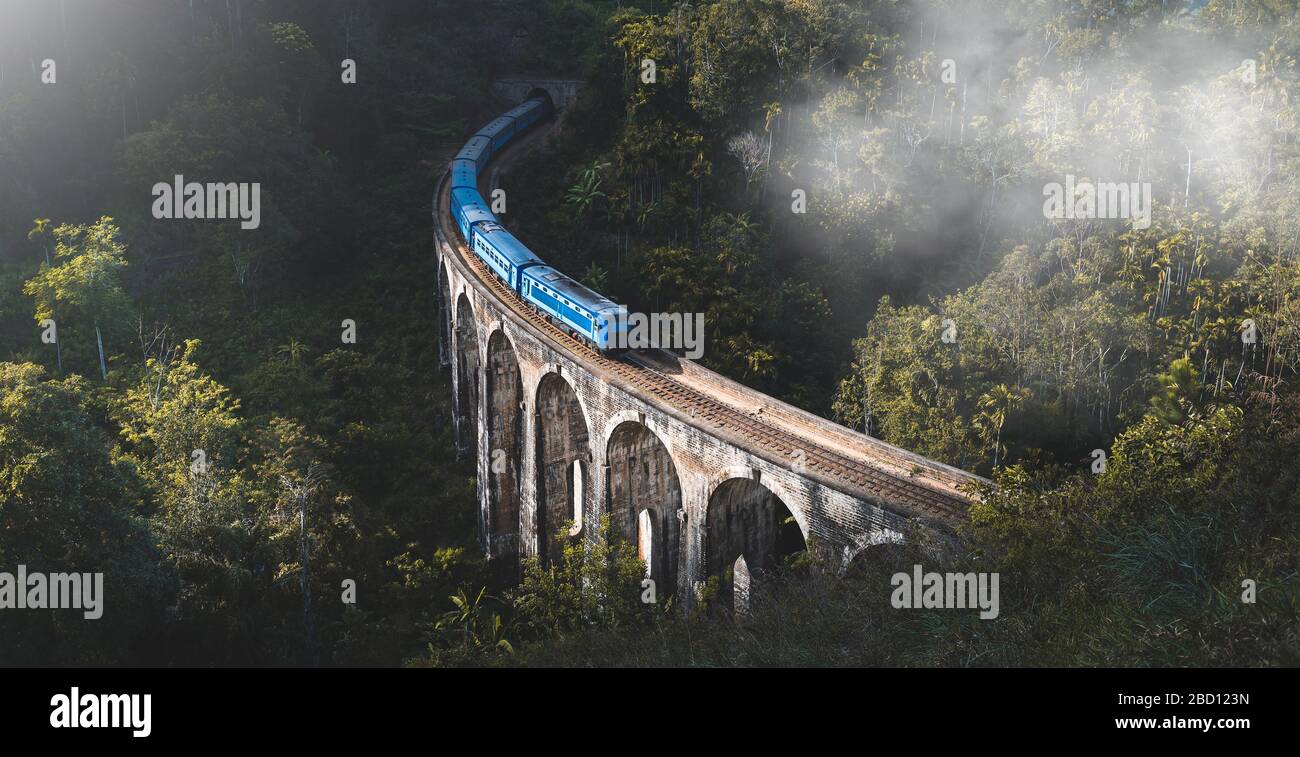 Train arriving at famous Nine arches bridge in Ella, Sri Lanka Stock ...