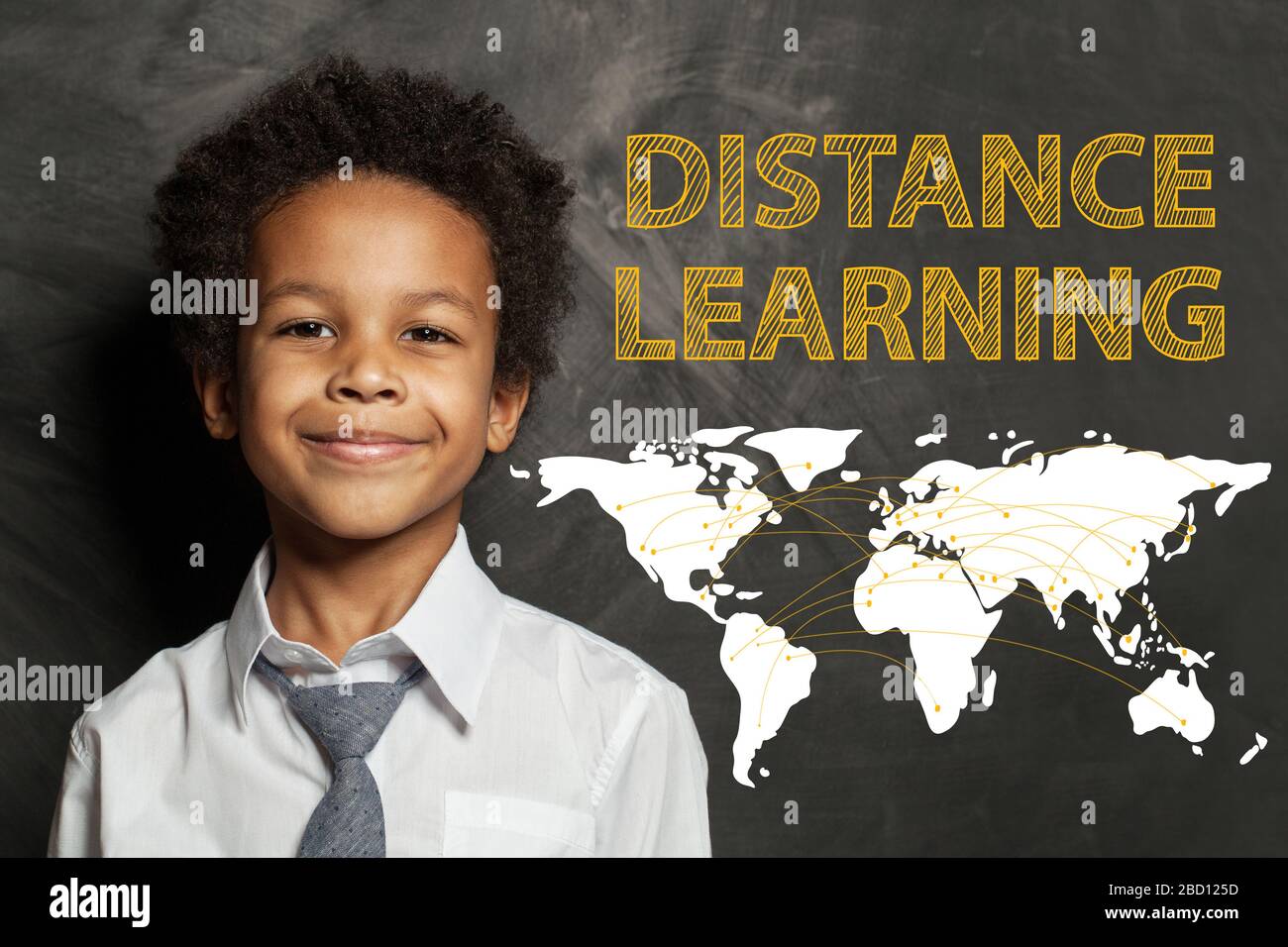 Distance learning concept with happy smart African American student kid ...