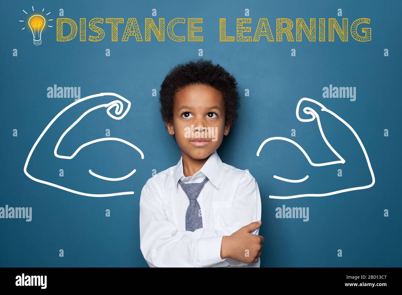 Distance learning concept with clever black kid on blackboard ...