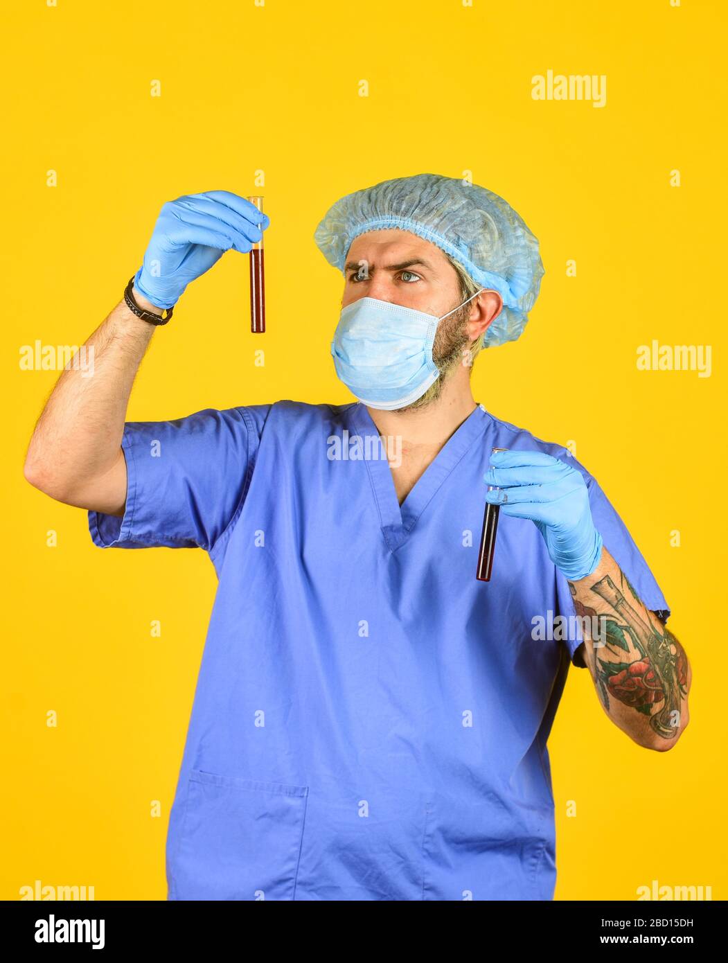 nurse man wear respirator mask hold blood test. symptoms of acute ...