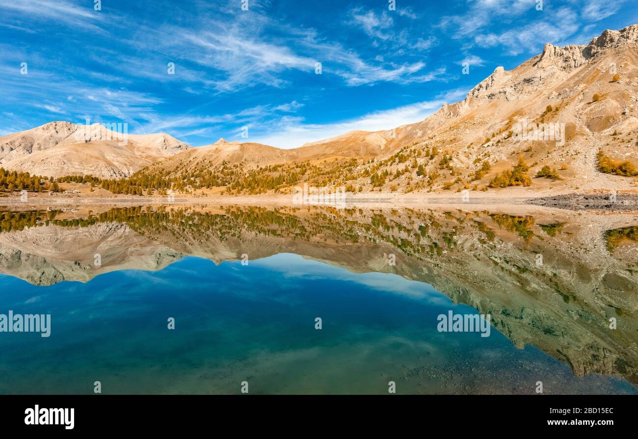 France - Provence - Haut Verdon - Mont Pelat is reflected in Lac Allos ...
