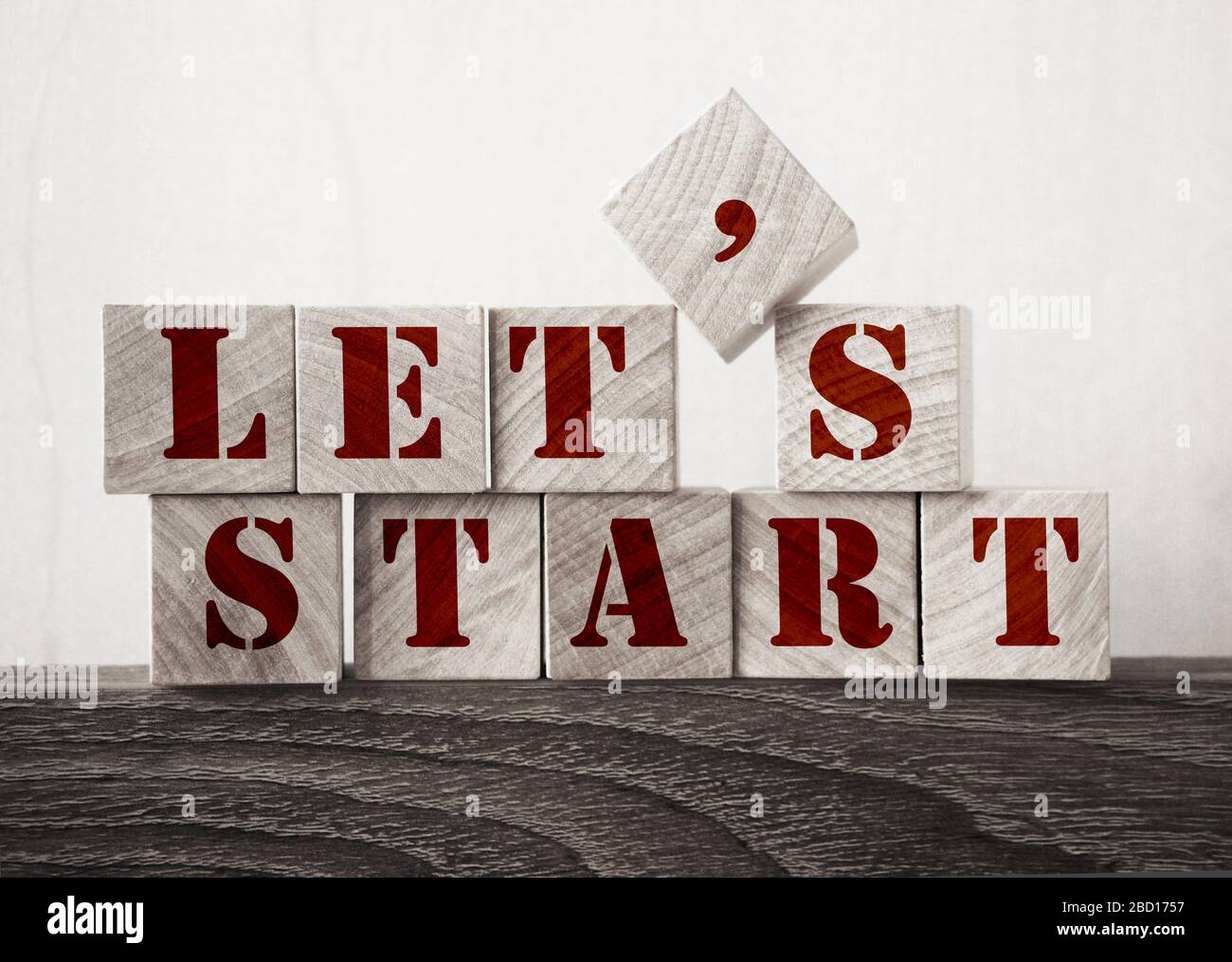 the words let's start in old wood type - wooden cubes. Business startup ... the words let's start in old wood type - wooden cubes. Business startup ...