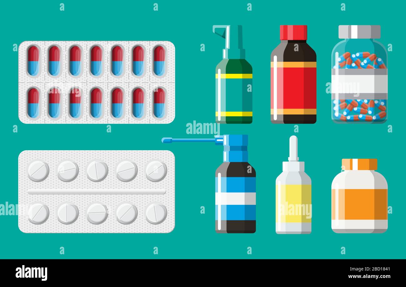 Medicine collection. Set of bottles, tablets, pills, capsules and ...