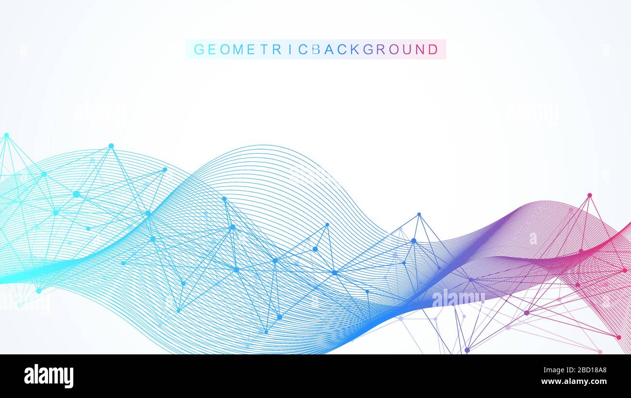 Abstract scientific background with dynamic particles, wave flow. Geometric abstract background ...