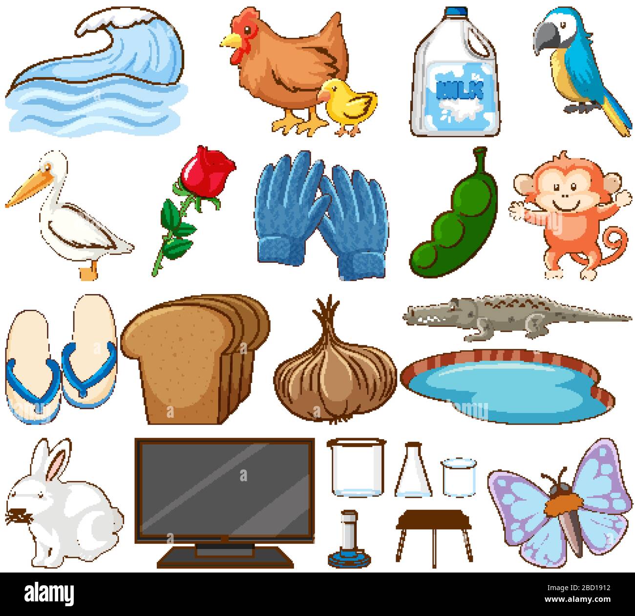 Set of many animals and other items on white background illustration ...