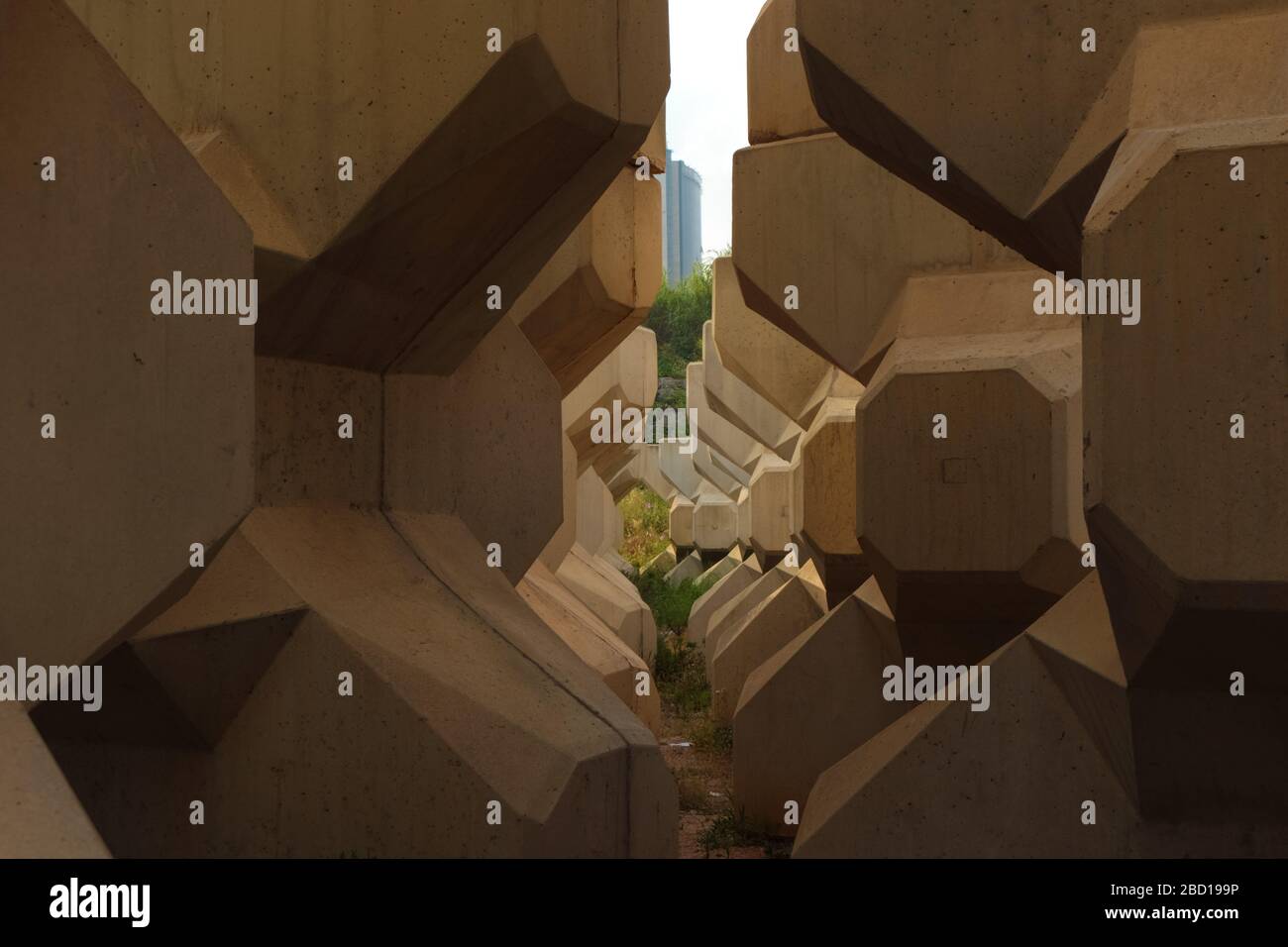 Numerous acropode blocks aligned next to each other. Acropodes are ...