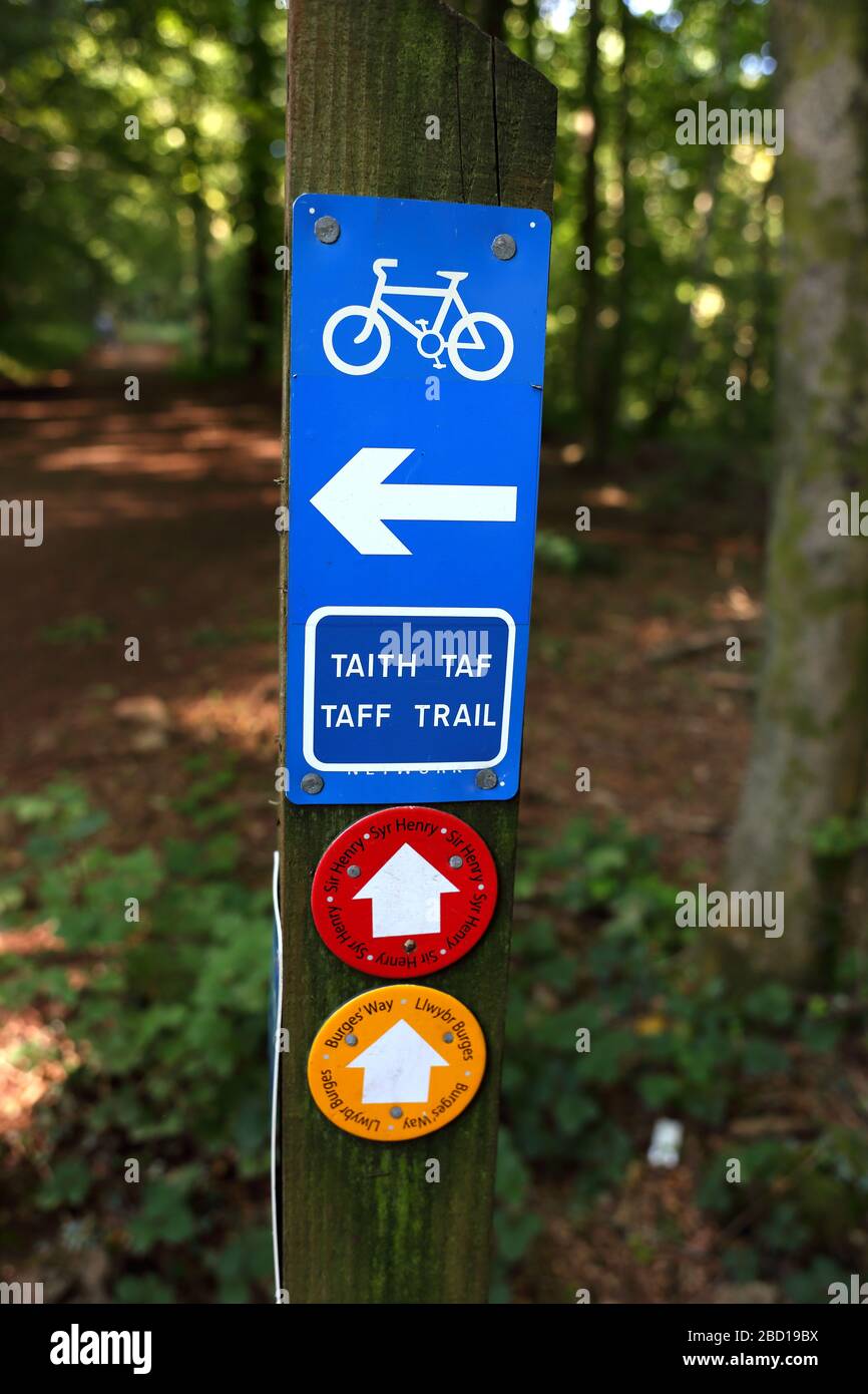 Sign in English and Welsh indicating the Taff Trail, Castell Coch woods ...