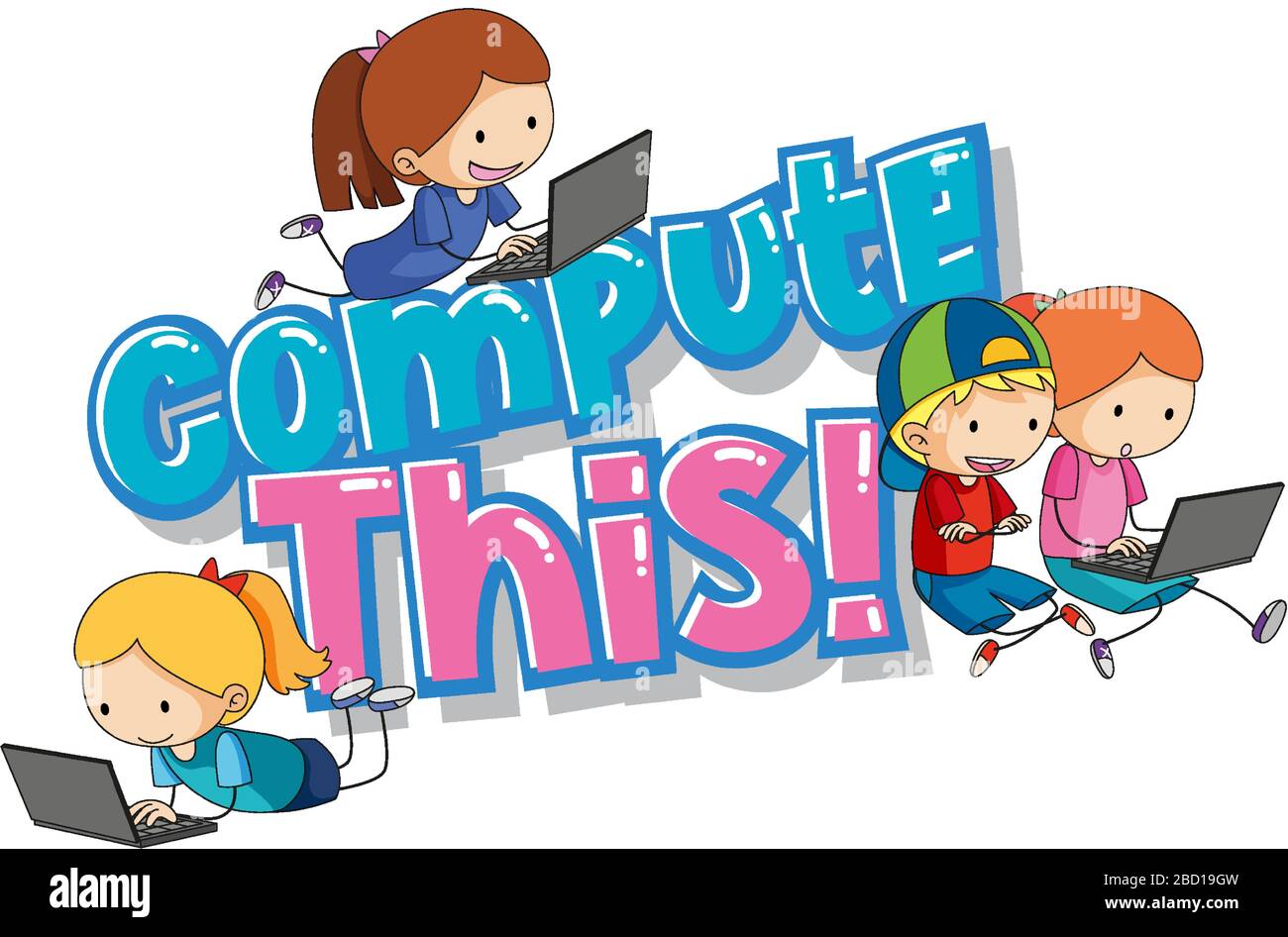 Font design for word compute this with kids working on computer ...