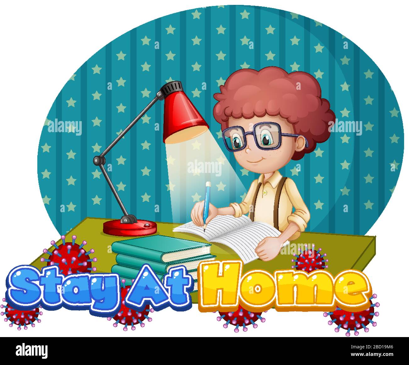 Coronavirus poster design for word stay at home with boy doing homework ...