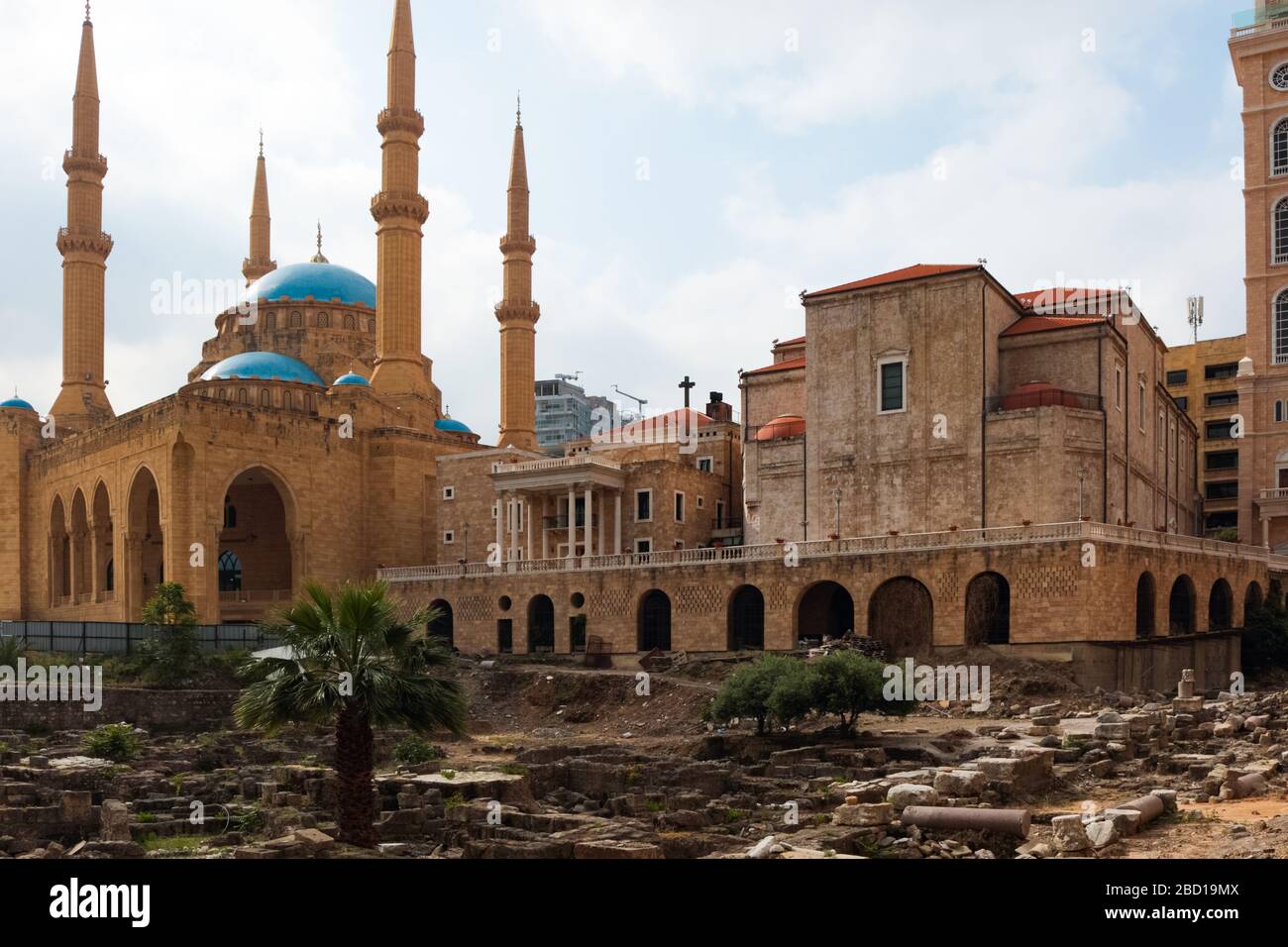 Beirut, Lebanon - May 05, 2017: Blue mosque and the church in the down ...