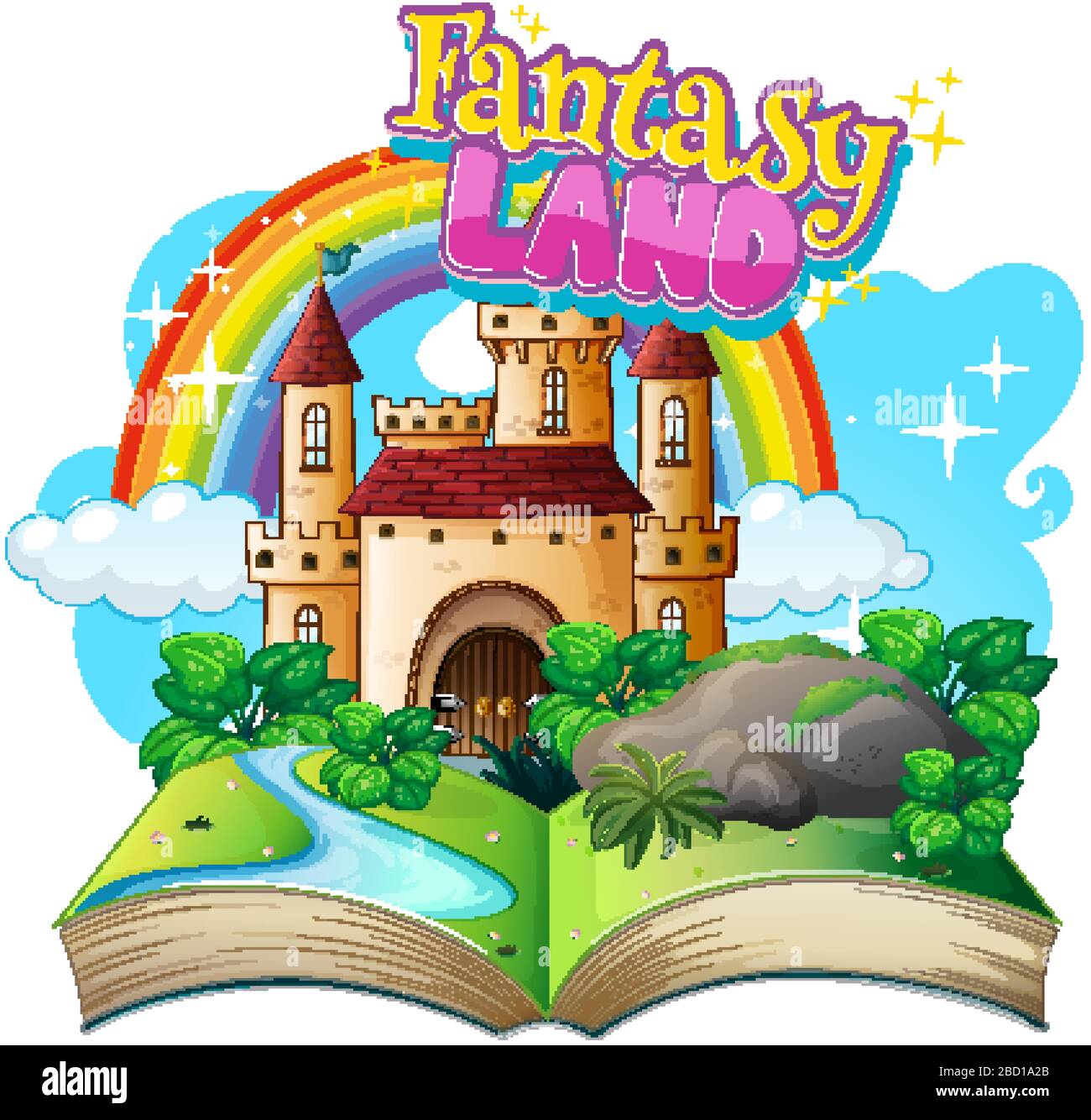 Font design for word fantasy land with castle towers illustration Stock ...