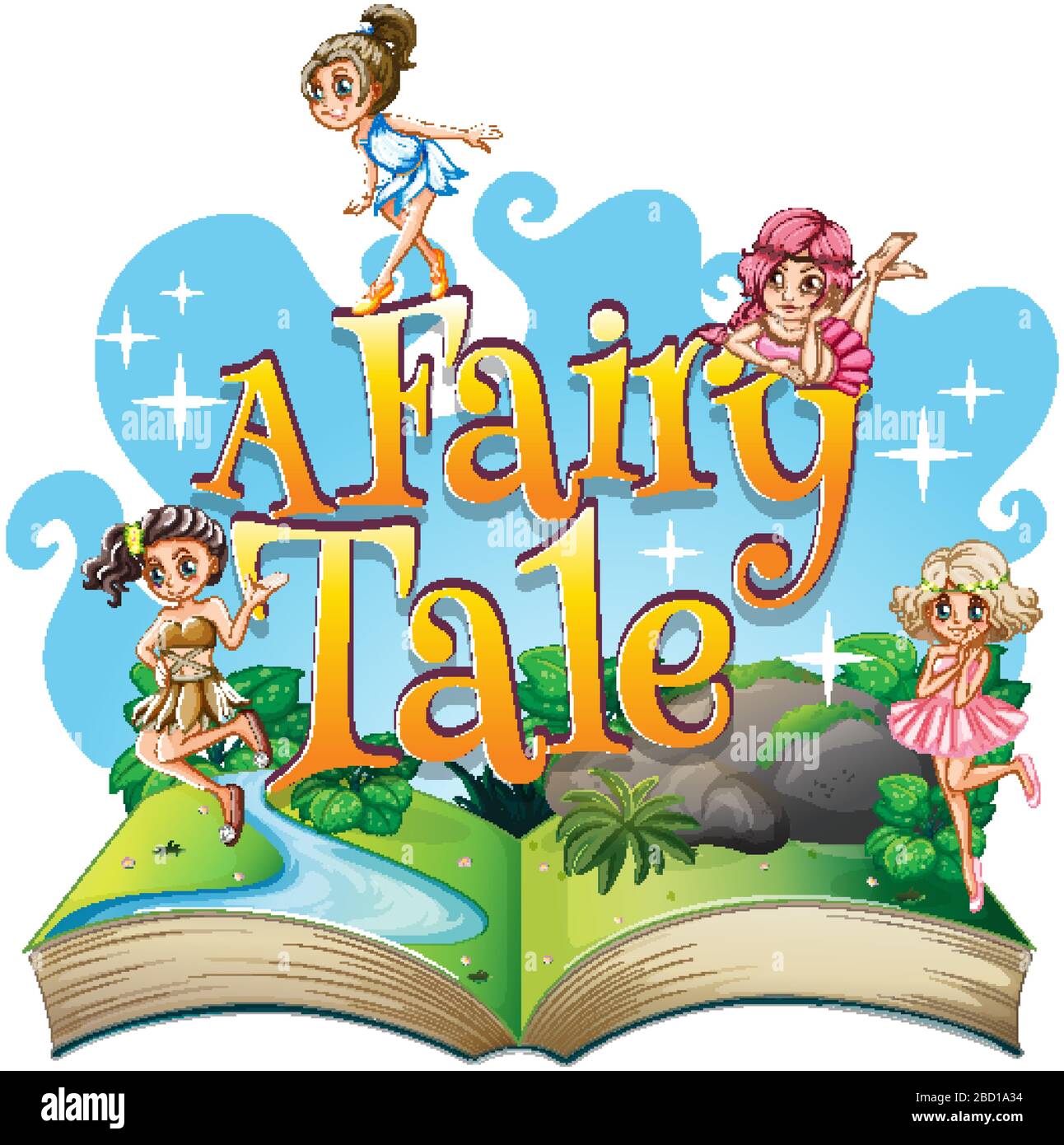 Font design for word a fairy tale with fairies flying in garden ...