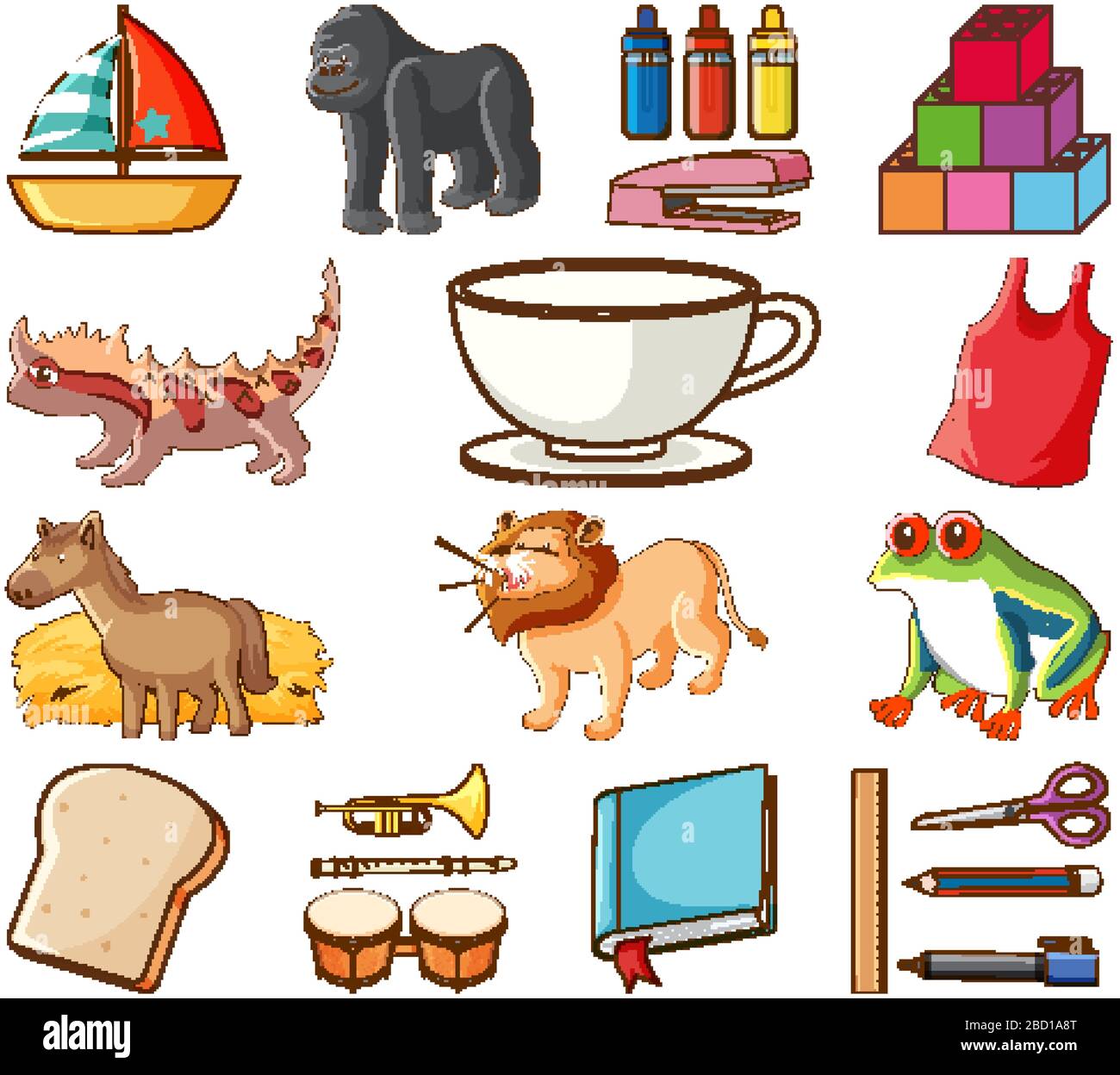 Large set of different animals and other objects on white background ...