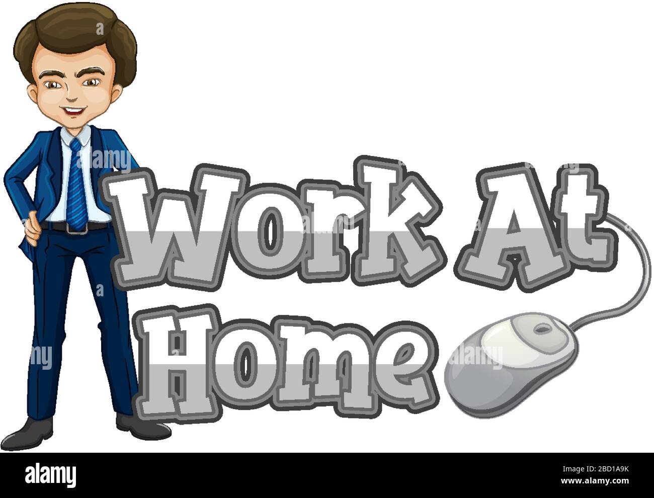 Work at home font design with man in suite on white background ...