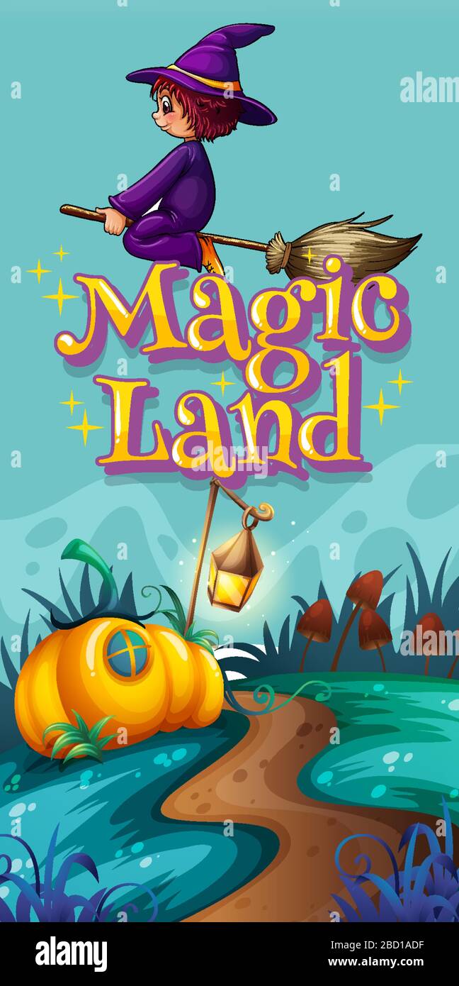 Poster design with word magic land and witch flying in the sky ...