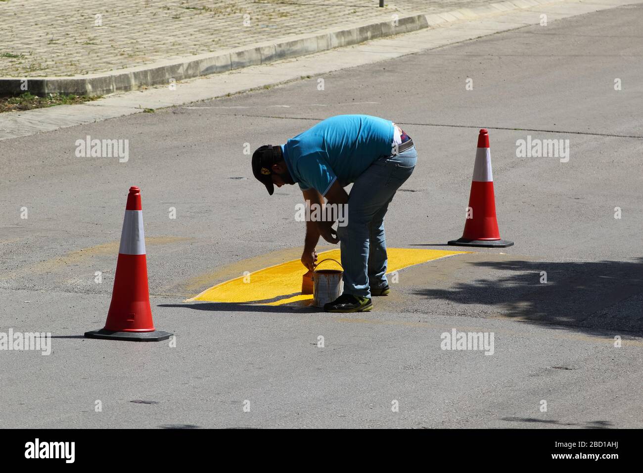 Broumana, Lebanon - May 08, 2017: Unknown labour painting on the street ...