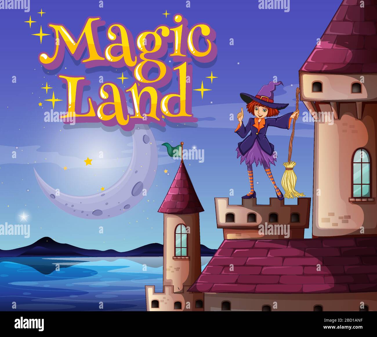 Background scene with font design for word magic land illustration ...
